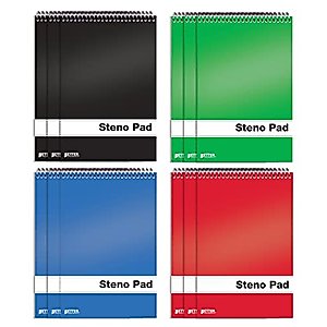 Spiral Steno Pads, 12 Pack, 6 x 9 inches, 80 Sheets, White Paper, Gregg Rule, by Better Office Products, Assorted Solid Colors (Red, Black, Blue, Green), 12 Steno Notebooks