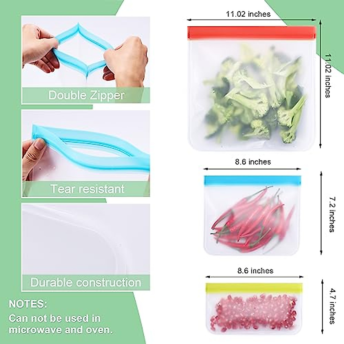 Reusable Food Storage Bags - 24 Pack Reusable Freezer Bags(8 Reusable Gallon Bags + 8 Reusable Sandwich Bags + 8 Reusable Snack Bags)，Reusable Ziploc Bags for Meat Fruits and Vegetables.