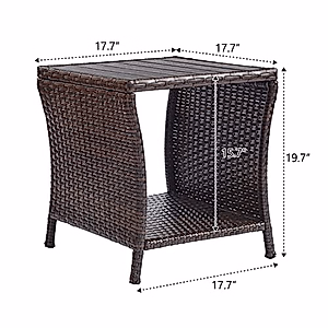 Outdoor Side Table for Patio Small Rattan Wicker Coffee Table Balcony Table Outside End Table with Poly Lumber Table Top & Storage Bistro Table for Garden Pouch Deck Living Room Backyard Brown