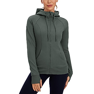CRZ YOGA Women's Full Zip Hooded Sweatshirts Workout Sweat Jackets Slim Fit Running Track Hoodies with Thumbholes Grey Sage Medium