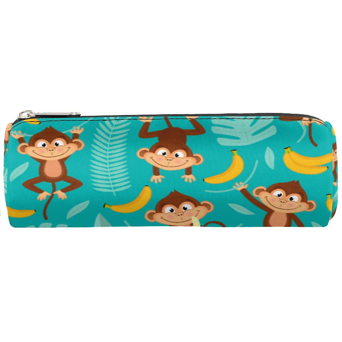 Cute Monkey Canvas Pencil Case Bag, Monkey Banana Cylinder Zippe Pencil Case Storage Pouch Simple Stationery Bag for Middle High School Office College Student