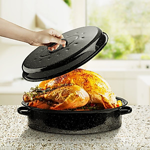 DIMESHY 13Inch Roasting Pan, Enamel on Steel, Black Covered Oval Roaster Pan with Lid, Small Cookware for Turkey, Small Chicken, Roast Baking Pan.