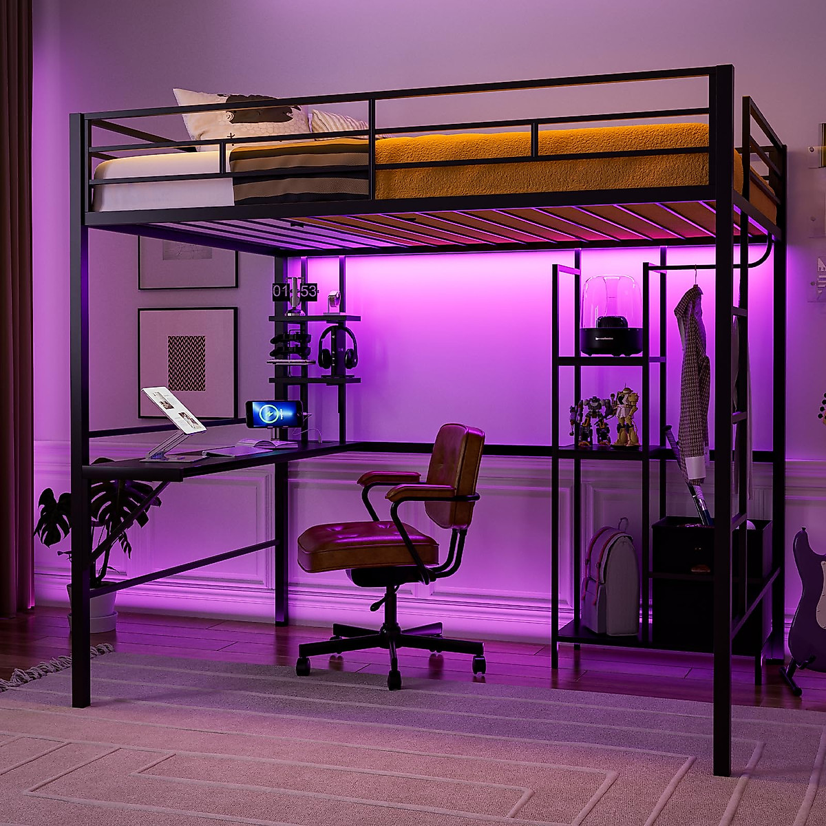 IKIFLY Loft Bed Twin Size with Desk and Storage Shelves, LED Lights & Charging Station, Metal Loft Bed with 13.4” Guardrail and Ladder, Large Fabric Basket, Clothes Rail, No Box Spring Needed, Black