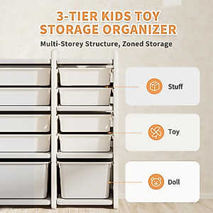 Kids Toy Storage Organizer 10 Removable Toy Bins 3 Cabinets, Multi-Purpose Toy Organizers and Storage, Enclosed Cabinets, Pull-Out Drawers, Kids Toy Storage for Playroom, Nursery, Bedroom (3-Layers)