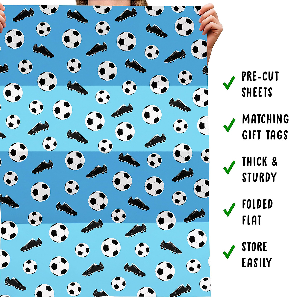 CENTRAL 23 - Fun Wrapping Paper for Boys - 6 Sheets of Birthday Gift Wrap - Football Wrapping Paper - Football Boots - Soccer - For Girls - Blue White - Recyclable