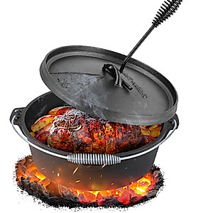 LIFERUN Dutch Oven Pot with Lid, 12 Quart Cast Iron Dutch Oven, without Feet, with Stand & Spiral-shaped Handle, Cast Iron Pot for Outdoor & Indoor