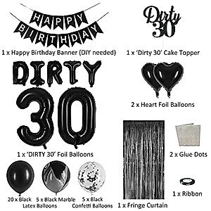 30th Birthday Decorations Set - Happy 30th Birthday Decorations with Happy Birthday Banner, Black Foil Curtains, Dirty 30 Balloons Kit, Black Cake Topper - 30 Birthday Decorations for Men