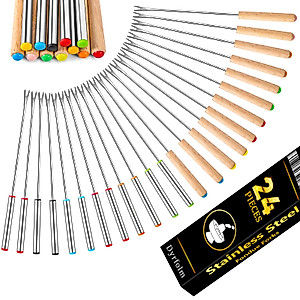 Dyrfolm 24 PCS Fondue Forks Stainless Steel,12 Wood Handles and 12 Stainless Steel Handles,9.3"Color Coding Cheese Fondue Fork,Heat Resistant Fondue Sticks for Chocolate Fountain Marshmallows,6 Color