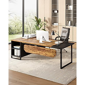 LITTLE TREE 70.8 Inches Executive Desk and 55 Inches File Cabinet Combo, Large L Shaped Computer Desk with Storage Cabinet and Shelves, Modern Business Furniture for Home Office, Rustic Brown & Black