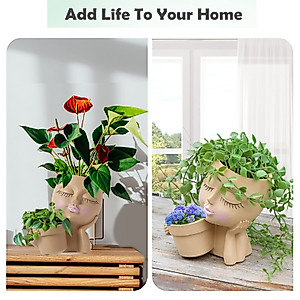 LTSUMI Face Flower Pot Head Planter Succulent Pot Planter Cactus Planter Unique Cute Resin Planter Pot for Indoor Outdoor Plants with Drainage Hole(Double Pots)