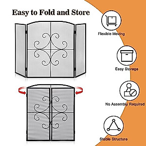 Gtongoko 3 Panel Fireplace Screen 48" W x 29" H Wrought Iron Decorative Fire Spark Guard Grate for Living Room Home Decor - Black