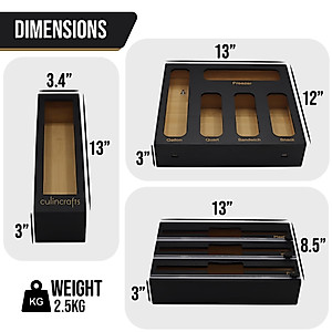 Culincraft Bamboo Storage Bag Organizer kitchen drawer | Holder for Gallon, sandwich and snack bags, aluminium foil holder with Plastic Wrap Storage Organizer