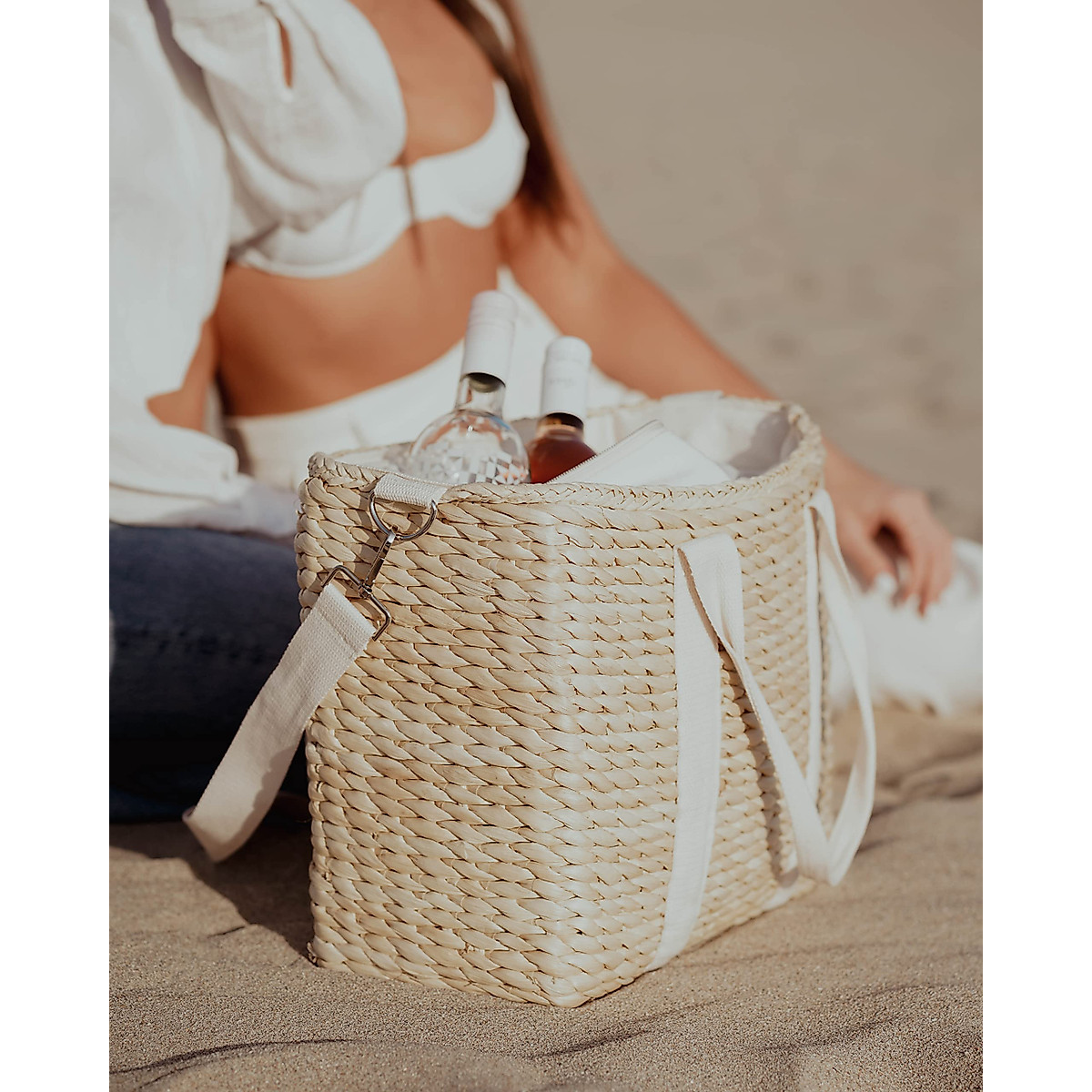 Daytani Insulated Beach Cooler Bag, Leak Proof, Premium Quality Corn Husk, Beach Bag, Pool Bag, Tote Bag, Straw Beach Bag, Rattan, Gifts for Women, Picnic Basket, Wedding Gifts, Lunch Bag