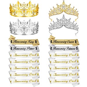 Ferreve 14 Pcs Homecoming Party Prom Sashes Set Include Homecoming King Queen Prince Princess Sashes Homecoming Court Sash with Pins, 4 Metal Crown for Men Women Crown School Party Accessories