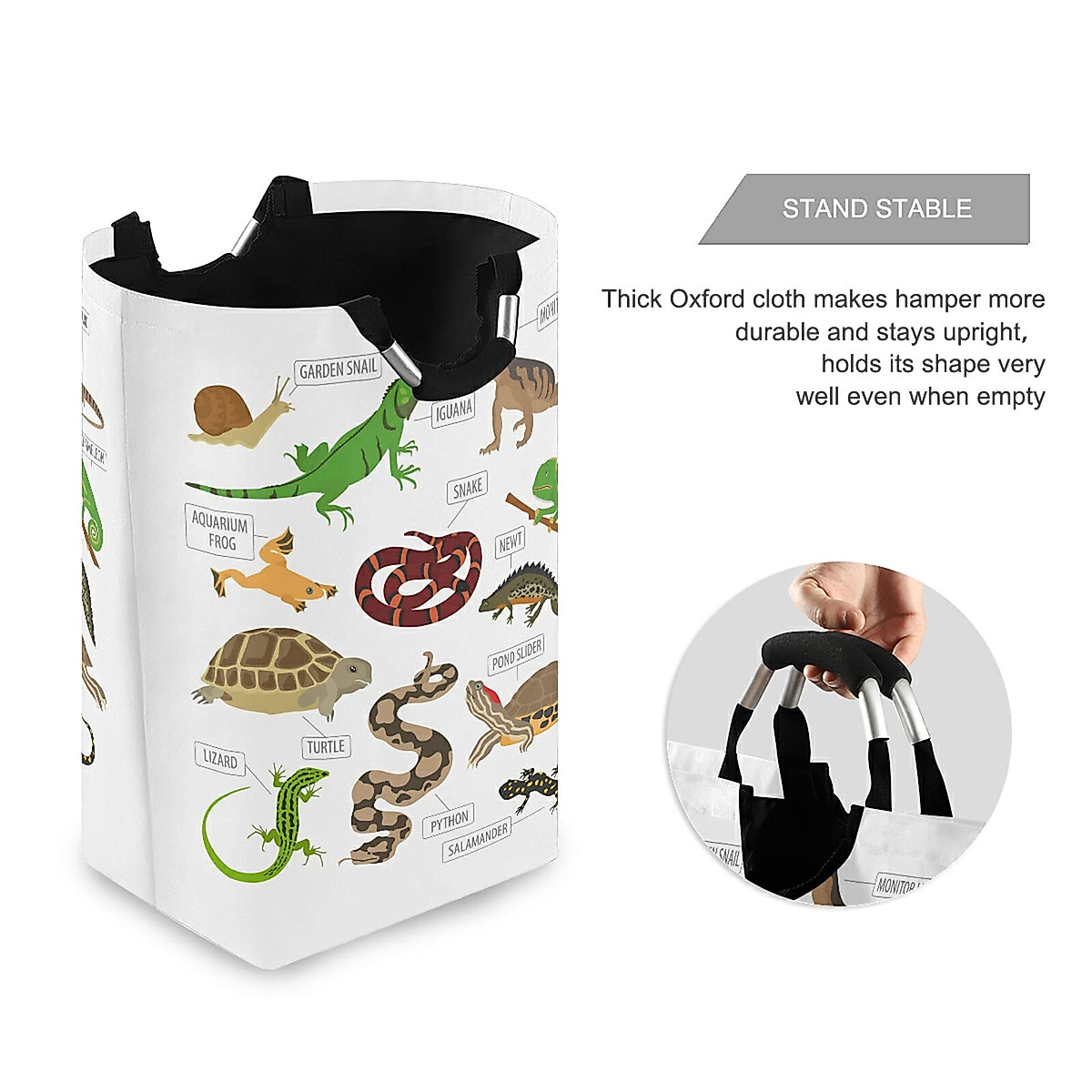 Green and Brown Pet Reptiles Frog Iguana Lizard Snake Newt Turtle Laundry Hamper Basket Bucket, Foldable Dirty Clothes Bag, Waterproof Fabric Washing Bin, Toy Storage with Handles for Bathroom