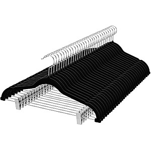 30 Pack Velvet Hangers with Clips - POZEAN Velvet Pants Hangers Skirt Hangers Felt Hangers Space Saving for Pants, Skirts, Jeans, Shorts, Kids Clothes and More(Black)