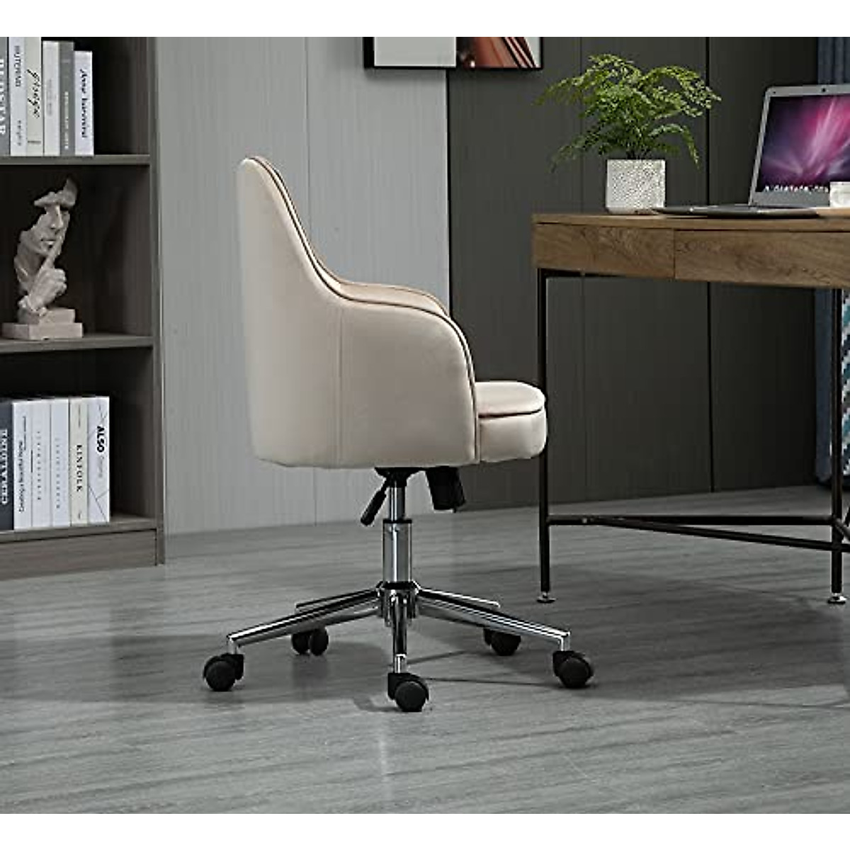 Payeel Desk Chairs with Wheels Swivel Chair Velvet Home Office Desk Chair with Arms Height Adjustable Swivel Task Chair Modern Mid-Back Computer Chair for Home Office (Khaki)