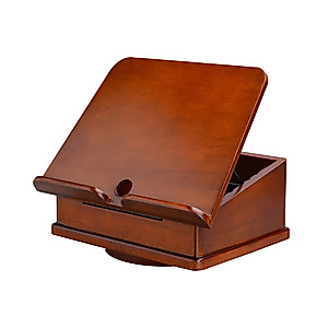 Wooden Book Stand for Cookbook Textbook and Tablet, Adjustable Angles, Spacious Storage Case, Carousel Base (Dark Cherry)