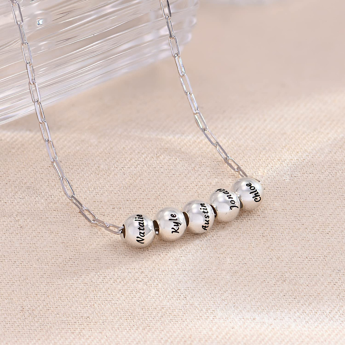 MYKA - Personalized Paperclip Link Chain Necklace With Up to 8 Ball Beads / Engrave Any Name / Diamond Option -Sterling Silver, Gold, Rose Gold / Customized Gift For Woman For Mother's Day, Birthday,