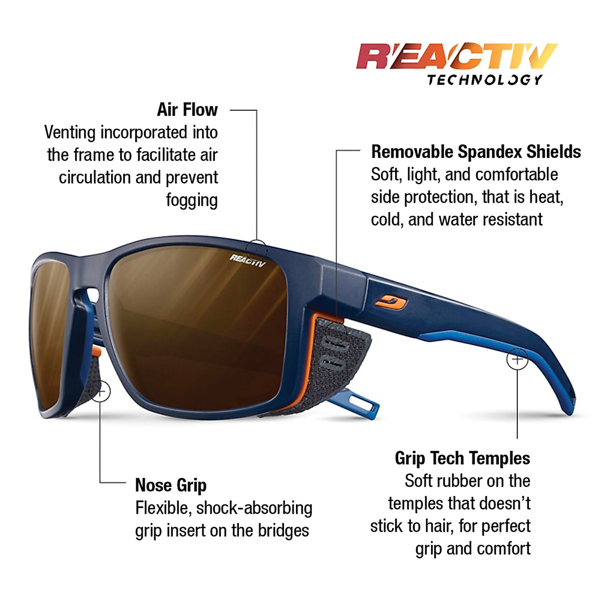 Julbo Shield Muntain Sunglasses, Blue/Blue/Orange Frame, REACTIV 2-4 Brown Polarized Lens