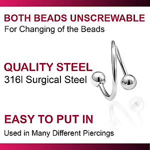 bodyjewellery 4pcs 16g Spiral Barbell Cartilage Earring Lip Tragus Eyebrow Hoop Helix Twisted Bar Surgical Steel Studs 4mm Balls - 12mm