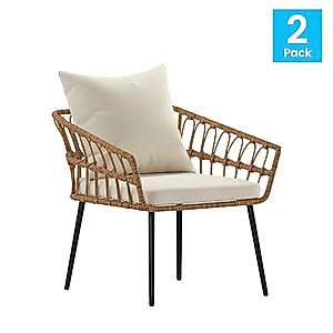 Flash Furniture Evin Set of 2 Boho Indoor/Outdoor Patio Chairs - Natural Finish Faux Rattan Wicker - Cream All-Weather Cushions - Integrated Armrests
