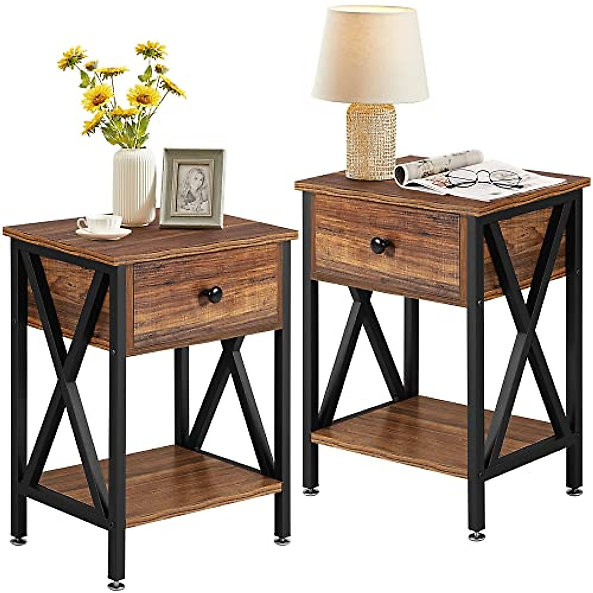 VECELO Nightstands Set of 2, Modern Bedside End Tables, Night Stands with Drawer and Storage Shelf for Living Room Bedroom, Industrial Metal Frame, Brown