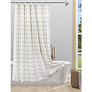 SUMGAR Cotton Shower Curtain Boho Farmhouse Shower Curtains for Bathroom with Tassels & Hooks, White Fabric Grey Checkered Bohemian Fringe Shower Curtain Set, 72" x 72"