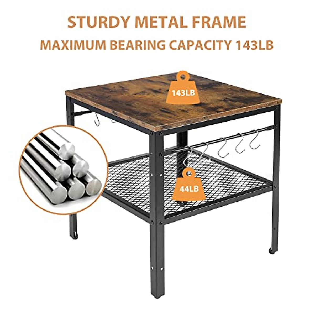 Rustic End Table, 2-Tier Side Table with Adjustable Height Shelf, 19.7" x 19.7" x 24", 143 lb Weight Capacity, Great for Mini Fridge Stand, Printer Stand, Aquarium Stand, Nightstand, Coffee Table