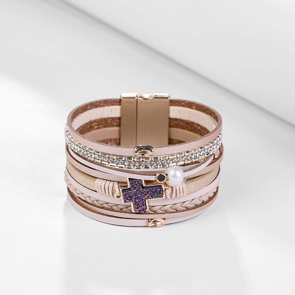 Hutou Leather Wrap Bracelet Boho Cuff Bracelets for Women Crystals Cross Bracelet Jewelry Gifts for Her Beige