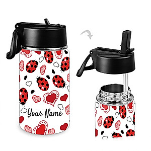 Personalized Kids Water Bottles with Silicone Straw Lid, Custom Stainless Steel Cute Funny Thermos with Name Text for Girls & Boys, Perfect for Travel, School, Outdoors, and Gym - Ladybugs