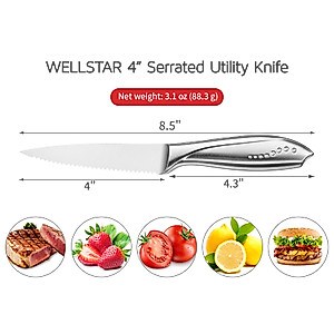 WELLSTAR Utility Knife, 4 Inch Serrated Paring Knife with Super Sharp High Carbon Stainless Steel Blade for Fruit Vegetable Cutting Peeling Slicing – Silver