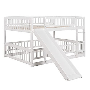 Harper & Bright Designs Full Over Full Low Bunk with Slide,Low Bunk Bed with Ladder,Wooden Bunk Bedframe with Fence for Toddler Kids Teens,No Box Spring Needed (White)