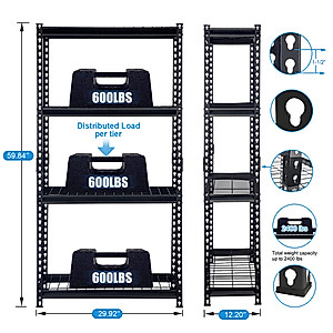 Pachira 30" W x 12" D x 60" H Adjustable Height 4-Shelf Steel Shelving Unit Utility Organizer Rack for Home, Office, and Warehouse, Black
