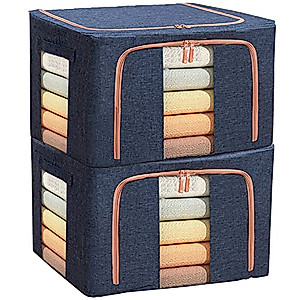 Large Capacity Clothes Storage Organizer - Stackable Storage Bags with Foldable Metal Frame, Zipper, Handles, Clear Window, Storage Container Box for Blanket Sweater Comforter Pillow,100L x 2 Pack (Navy)