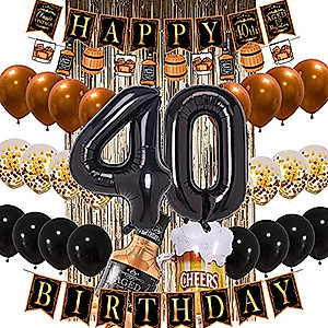40th Birthday Decorations for Men Women Whiskey Themed Birthday Party Supplies Black and Gold Classic Vintage Birthday Party Banner for Men Bar Party Supplies