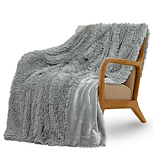 XYYZYZ Super Fluffy Throw Blanket, Faux Fur Fuzzy Blanket for Couch Sofa Bed, 50x60 Inches, Grayish Blue