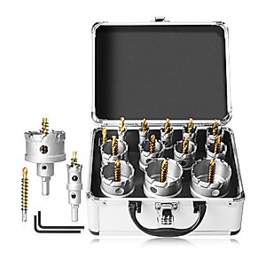 YOSIGHT 13Pcs Upgrade Heavy Duty Carbide Hole Saw Kit - Metal Steel Hole Saw Drill Bits TCT Hole Cutter with 1Pc Center Drill 2Pcs L-Wrench - Hole Saw Set for Metal, Steel, Iron, Alloy, Copper