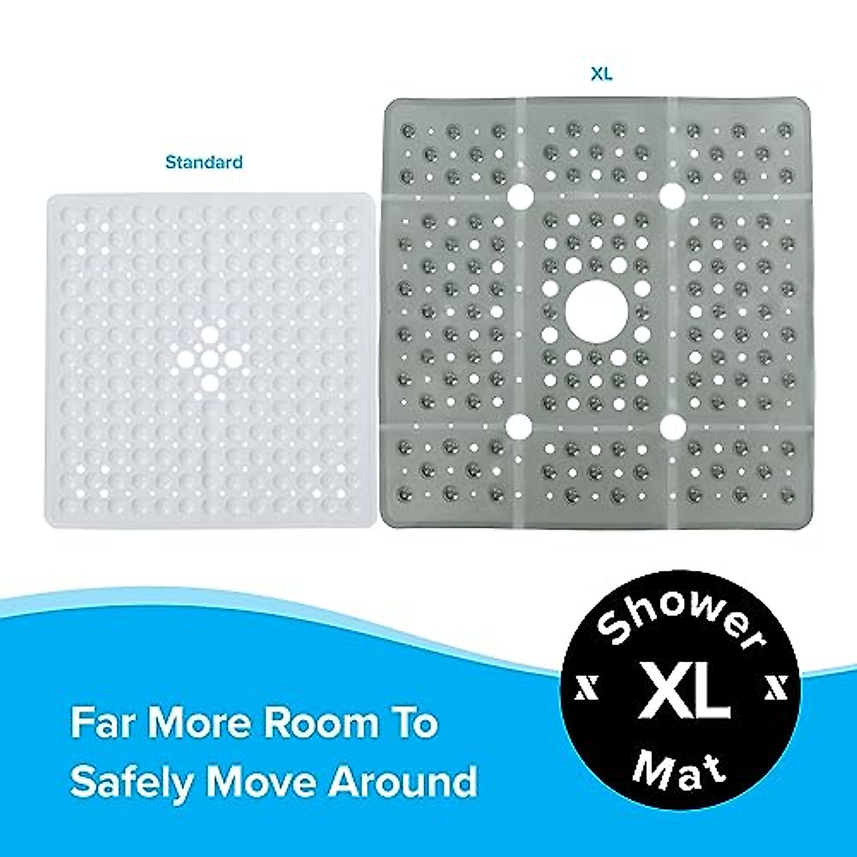 SlipX Solutions Accu-Fit Square Shower Mat, Extra Large 27"x27", Non-Slip Stall Mat for Elderly & Kids Standing Bath Tub Mat, Machine Washable, Suction Cups, Transparent Gray