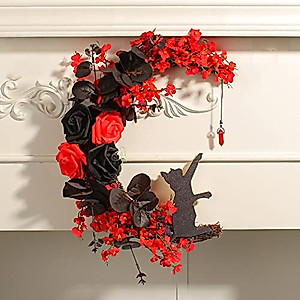 Halloween Door Wreath Autumn Wreath Fall, Winter Wreaths Artificial Harvest Outside for Home Rusty Birch Leaves Skull Decor Silk Halloween Welcome Sign