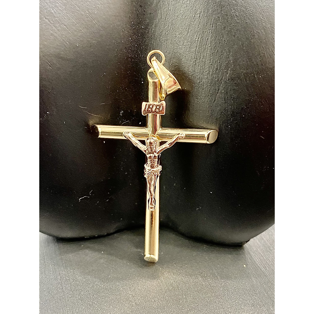 Solid 14K Yellow Rose Gold Crucifix Pendant - 38mm x 24mm Two Tone Jesus Cross Charm Religious Pendant - Suitable for Men & Women - Great Gift for Christmas & All Occasion