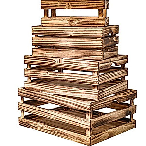 MACVAD Set of 4 Large Torched Wood Decorative Storage Crates, Nesting Wooden Crates for Display Rustic, Farmhouse Wooden Storage Container Boxes Made from 100% Wood