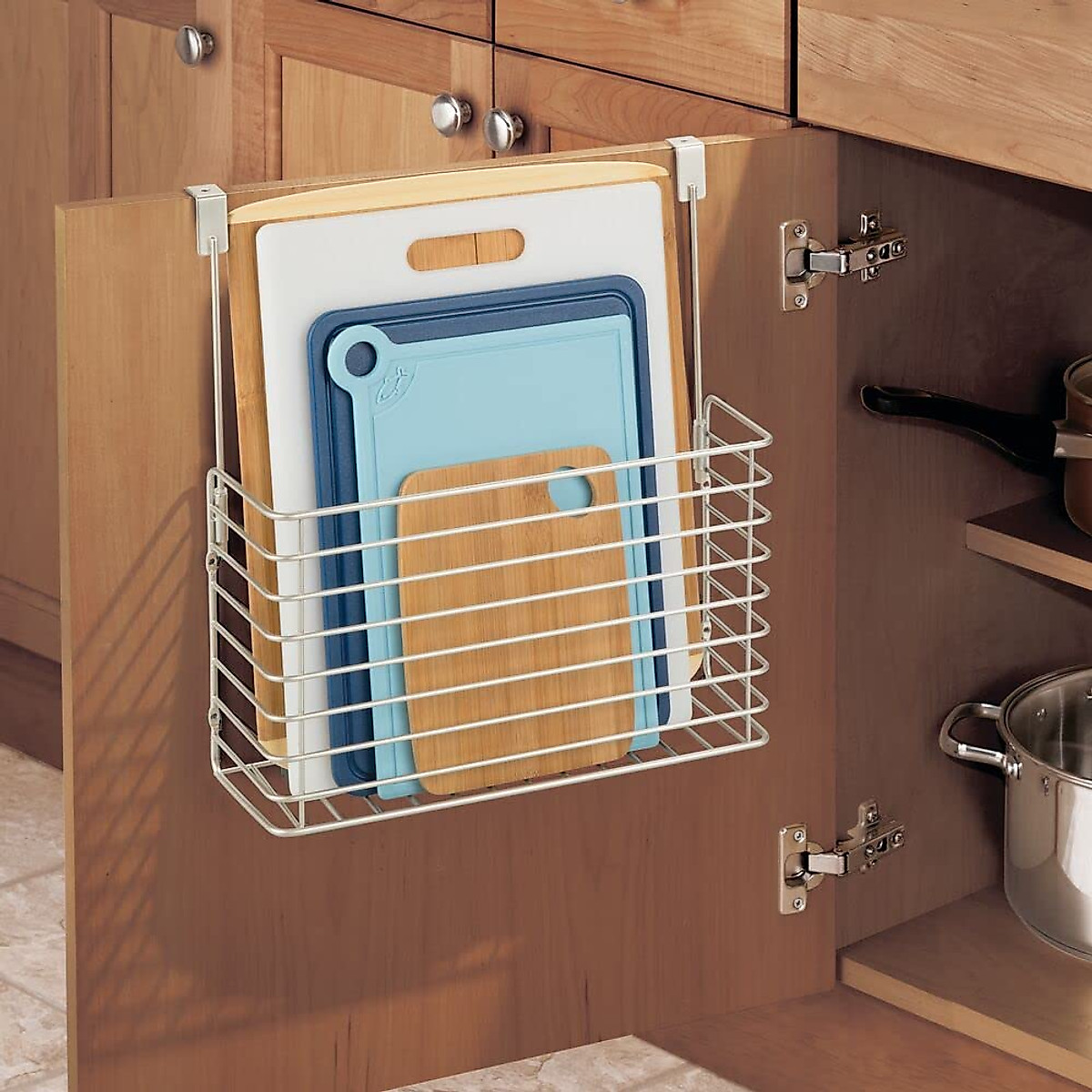 mDesign Metal Wire Kitchen Bakeware Organizer Basket - Hang Over Cabinet Door - Storage for Baking Sheets, Cupcake Tins, Cutting Boards, Foil, or Plastic Wrap - Concerto Collection - Matte Satin