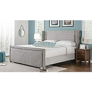 Jennifer Taylor Home Elle Collection Modern Upholstered King Size Bed Frame, Nailhead Trim, Silver Gray