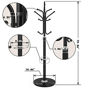 Durmmur Metal Coat Rack Freestanding, Coat Hanger Stand With Natural Marble Base, Standing Coat Rack With Umbrella Holder, Hall Tree With 12 Hooks For Clothes, Hats, Scarves, Entryway(Black)