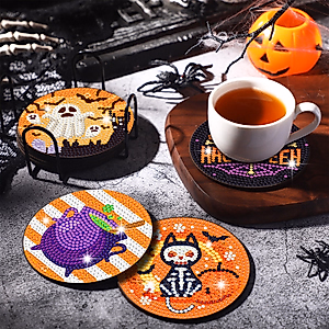 Suttmin 8 Pcs Halloween Diamond Painting Coasters Kits DIY Diamond Kits with Holder Gnome Pumpkin Ghost Coasters for Adult Kids Christmas for Craft Beginner Party Gift