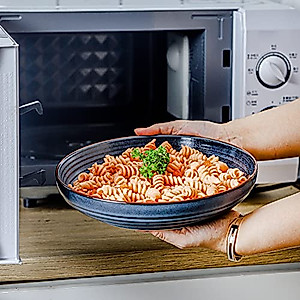 HVH 9.2 inch Large Pasta Bowls Set of 4, 40oz Big Salad Bowl Set of 4, Ceramic Plates Set, Shallow Bowls, Ceramic Bowls Set Microwave and Dishwasher Safe, Farmhouse Style (Black)