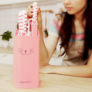 hecef Cute Kitchen Knife Set,5-piece Non-Stcik Knives Set with Detachable Block and Scissors,Sharp Kitchen Knives for Chopping, Slicing, Dicing and Cutting, Gift Housewarming Birthday (Pink)