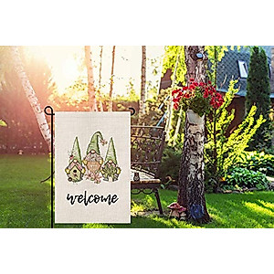 Spring Welcome Gnomes Garden Flag Burlap Summer Outdoor Decorations Double Sided Vertical Farmhouse Flags Yard Decor 12.5 x 18 Inch