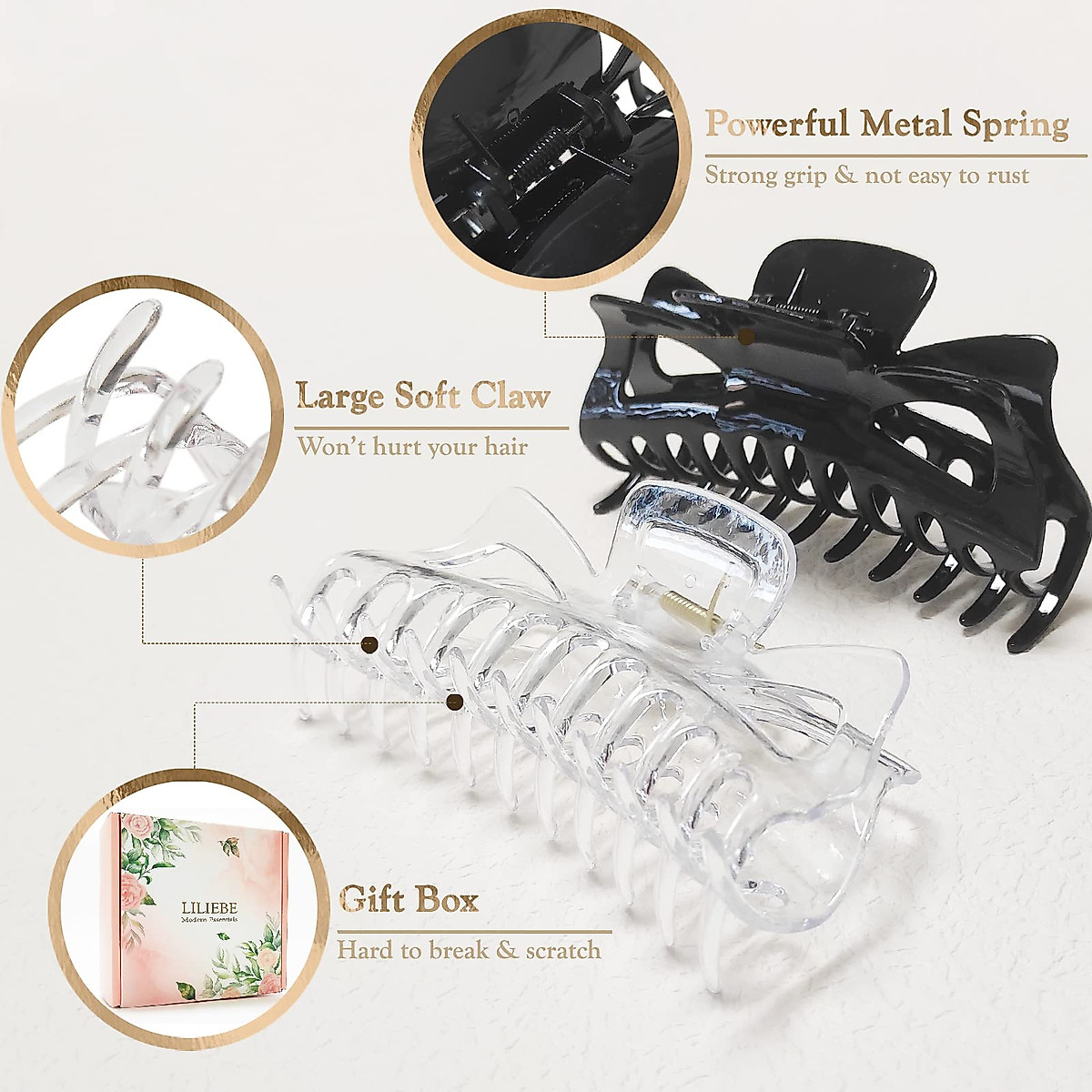 LILIEBE 5.5” Large Hair Claw Clips, Big Hair Clips Enough to Hold Your Hair, Hair Clips for Women Thick Hair (Shiny-4pcs)